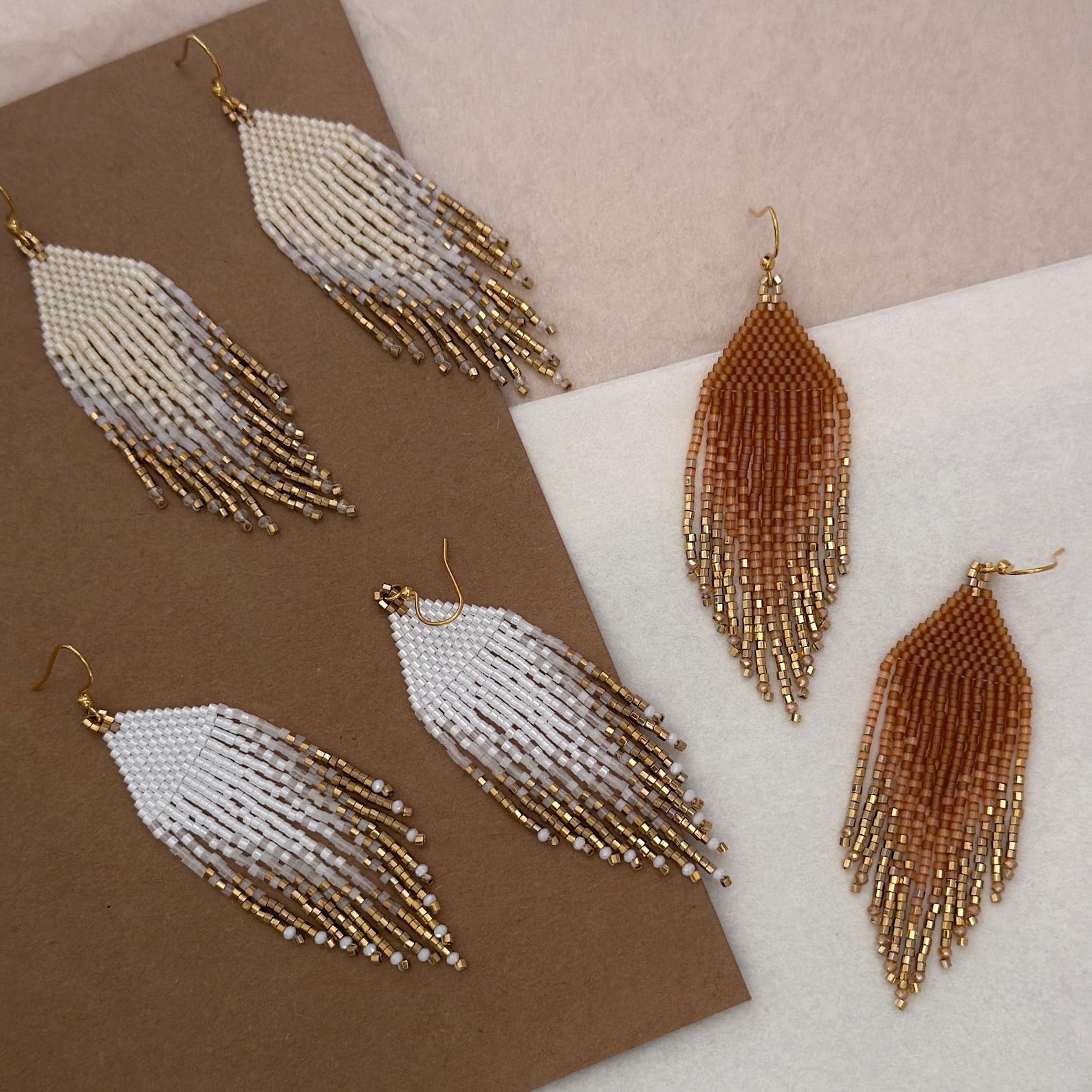 Small White, Cream & Caramel Beaded Fringe Earrings With Gold ...