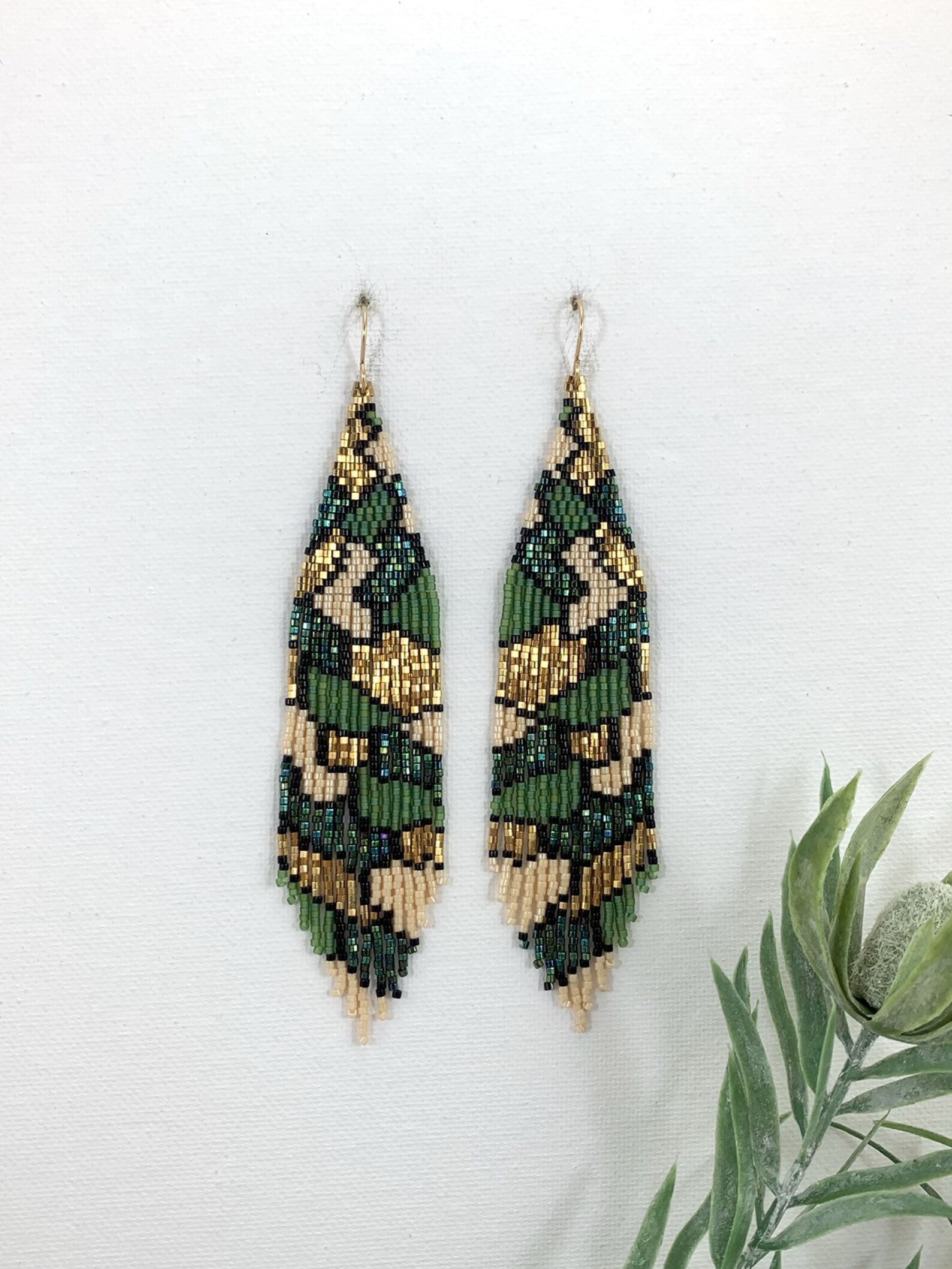 Green and Gold Beaded Earrings Boho Seed Bead Earrings - Etsy