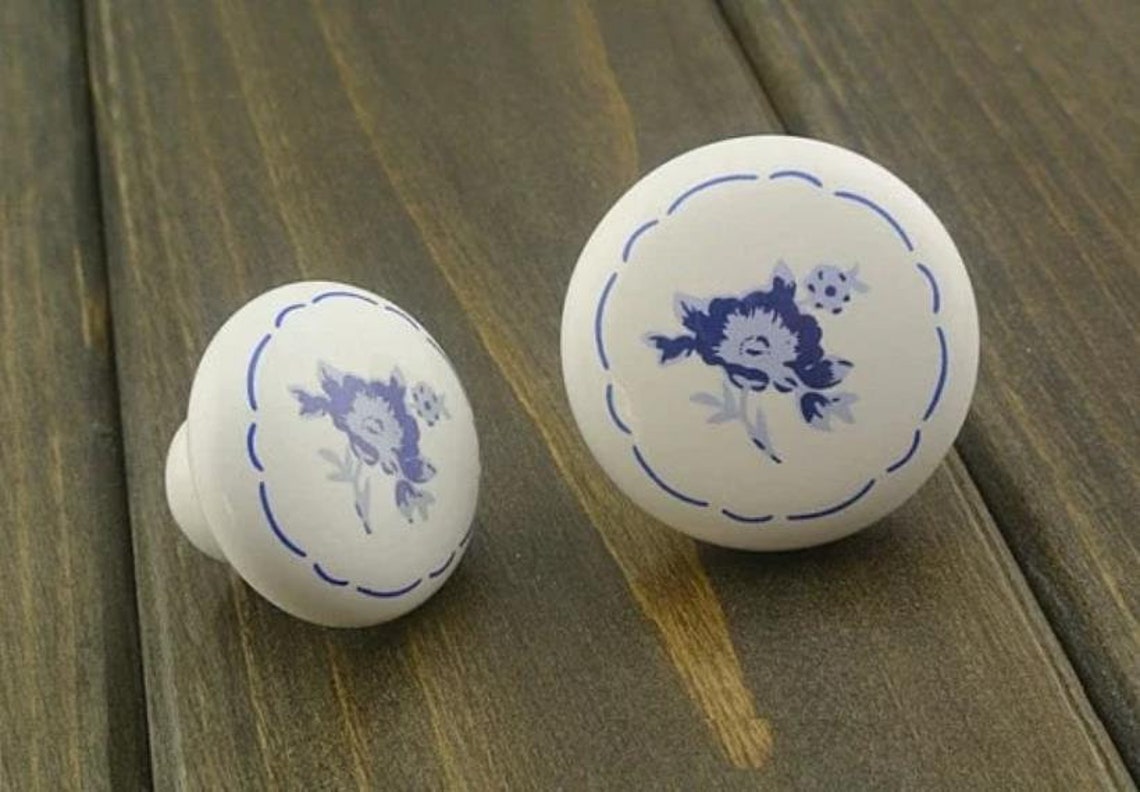 Flower Knobs Ceramic Cabinet Knobs Porcelain White Blue Knobs - Etsy
