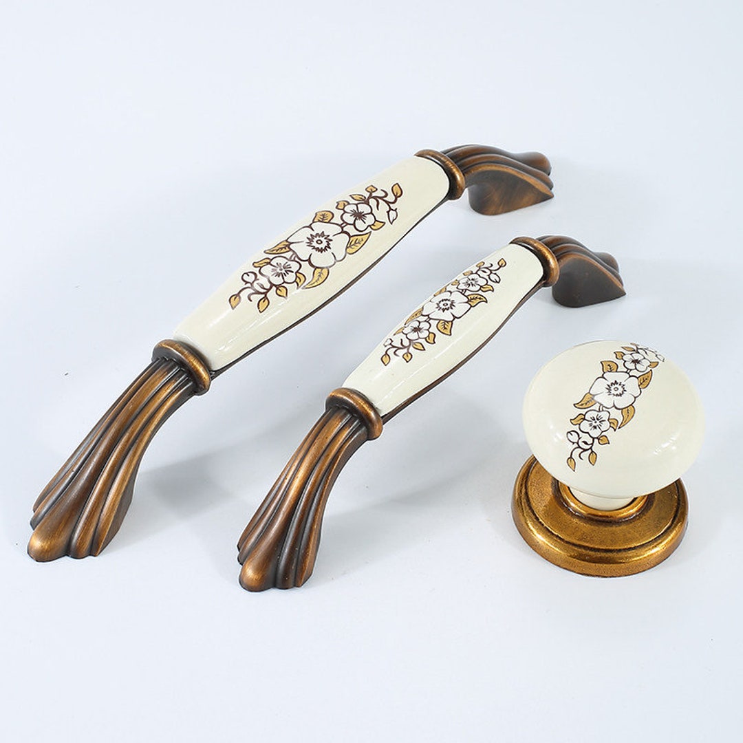 Ceramic Handle Ceramic Gold Flower Drawer Handles Dresser Round Knobs ...