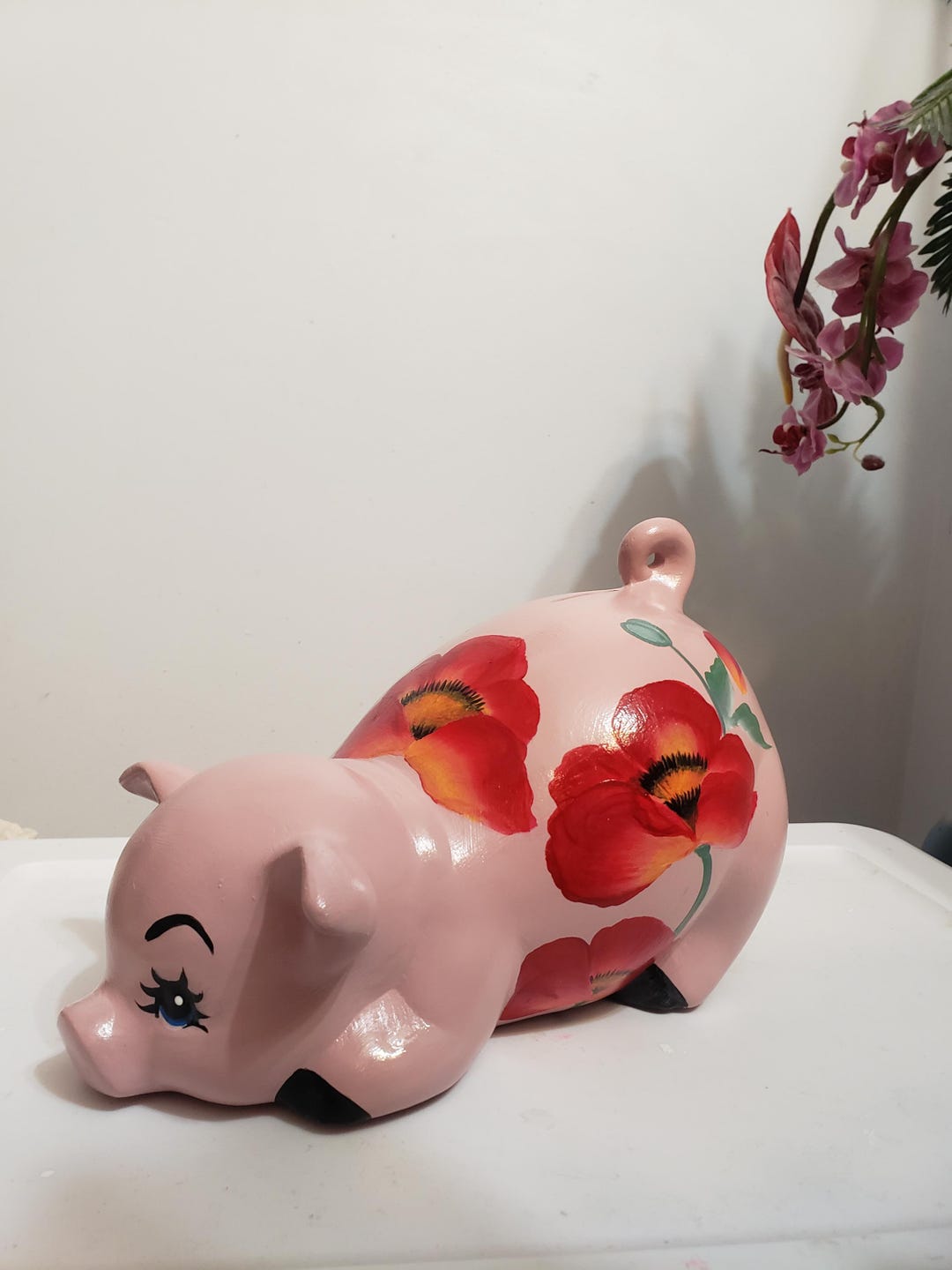 Large Blush Pink Piggy With Red Poppies Design. This Listing is for a ...