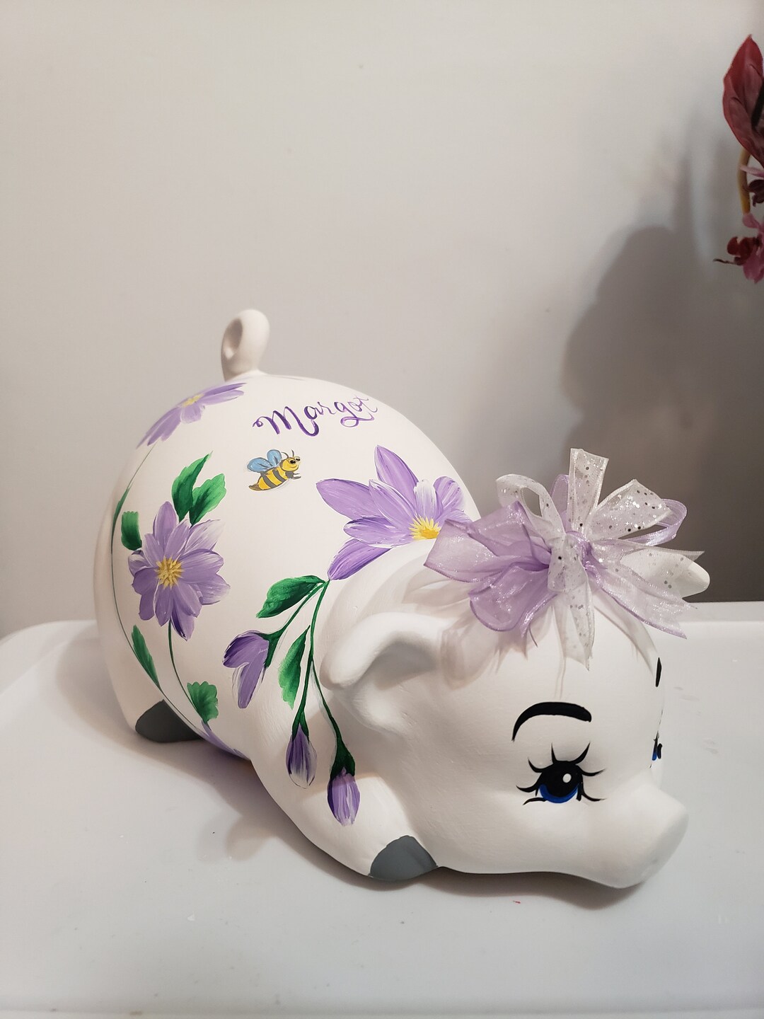 Large Piggy Bank With Purple Flowers and Bees - Etsy