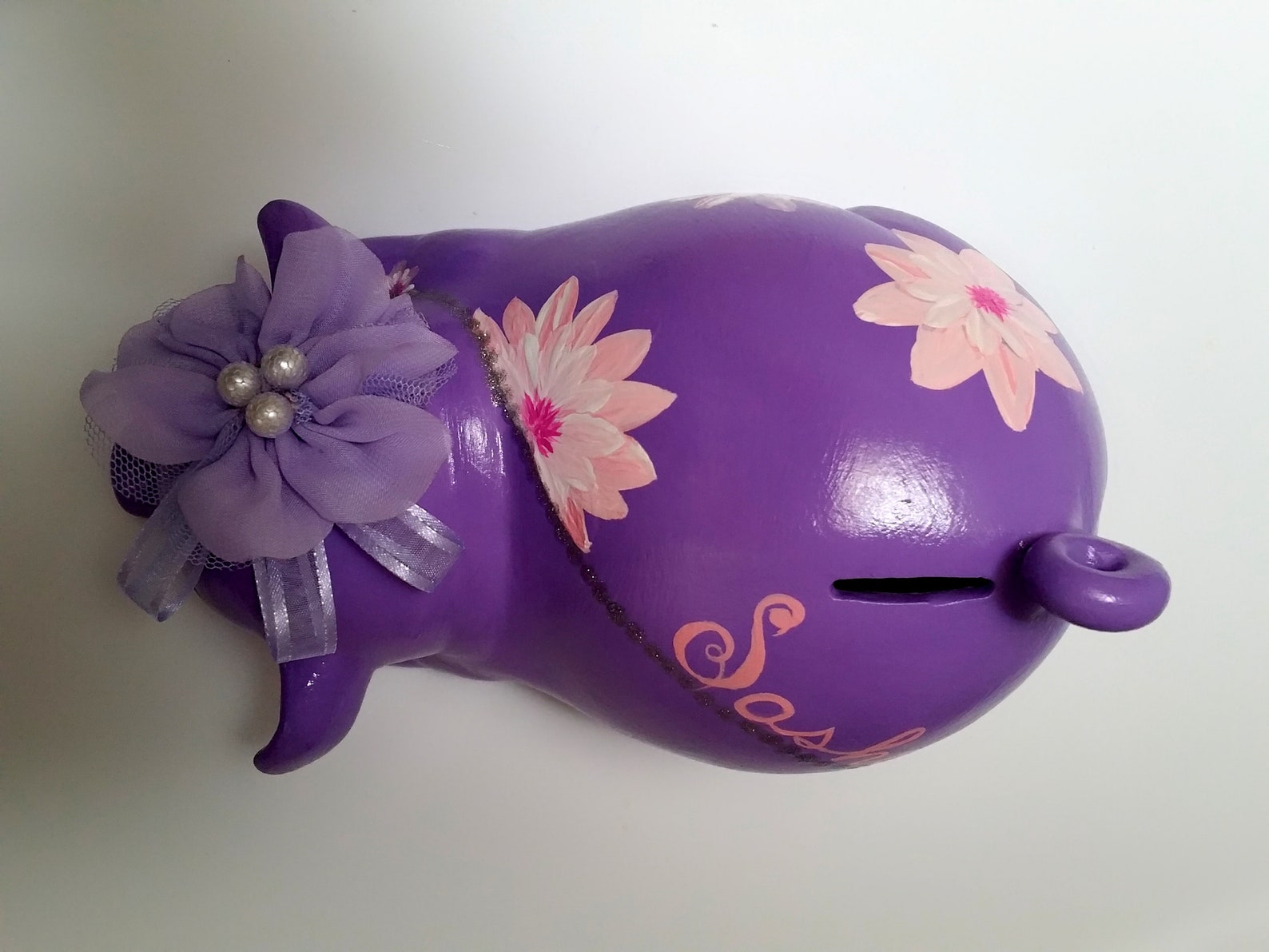 Purple Floral Piggy Bank With Pearl Bow, Personalized Girls Decor - Etsy