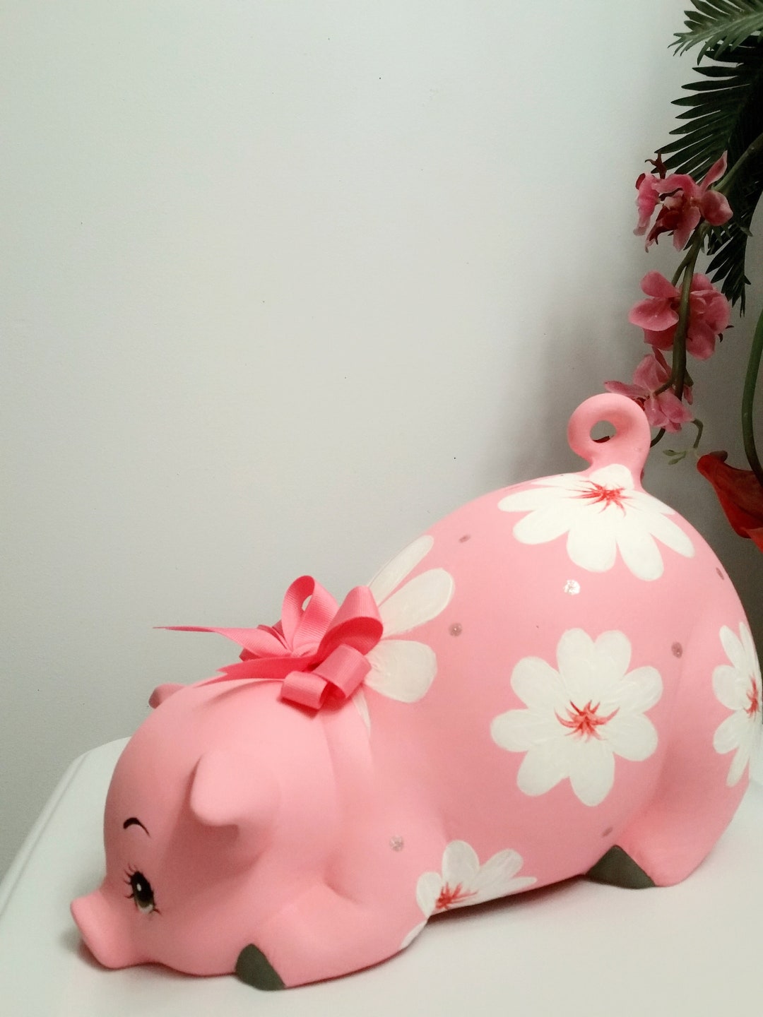 Large Pink Ceramic Piggy Bank, Floral Baby Shower Gift - Etsy