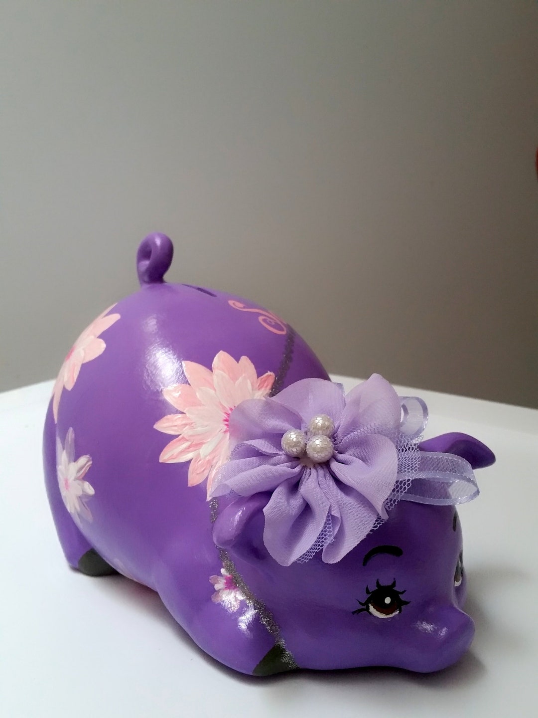 Purple Floral Piggy Bank With Pearl Bow, Personalized Girls Decor - Etsy