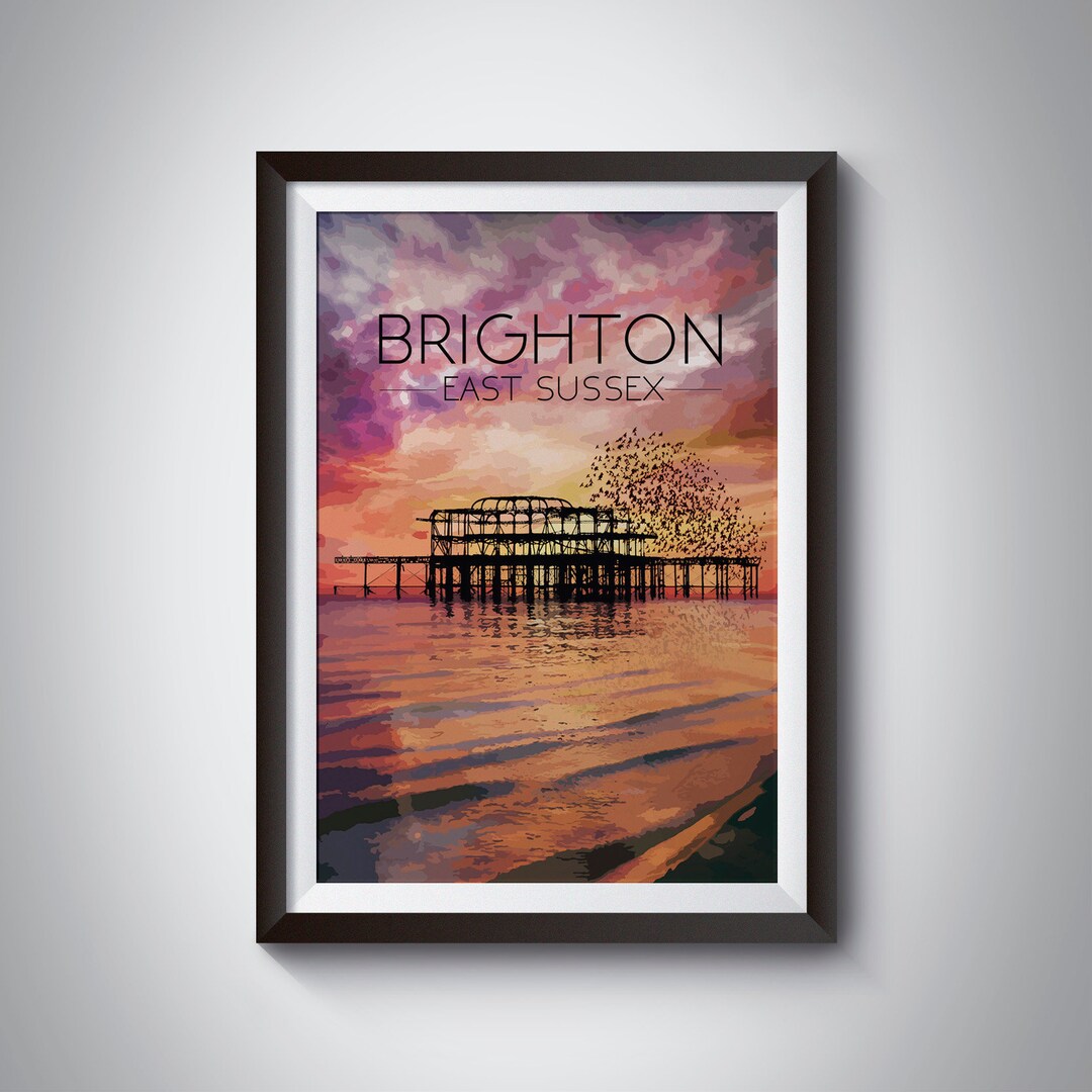 Brighton Beach Poster, Seaside Print, Sunset, West Pier, East Sussex ...
