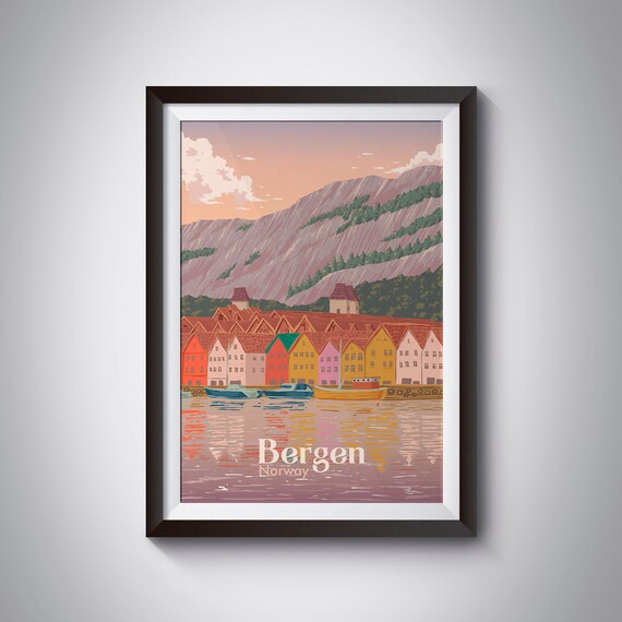 Bergen Norway Poster Retro Travel Print Norwegian Fjords | Etsy