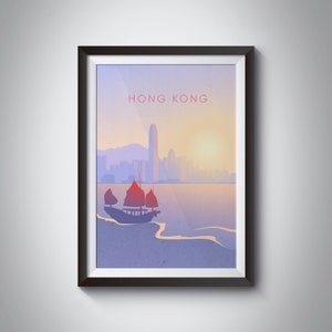 Hong Kong Minimal Travel Poster, Victoria Harbour, Chinese Junk Boat ...