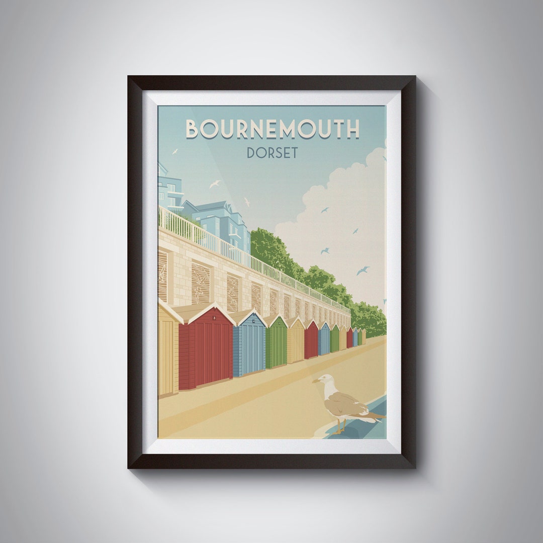 Bournemouth Travel Poster, Beach Hut Seaside Print, Dorset, Poole ...