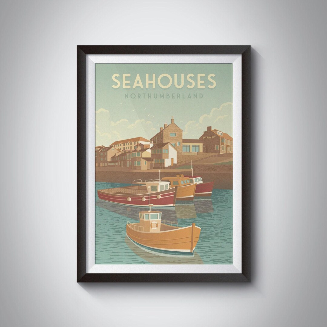 Seahouses Travel Poster, Seaside Print, Illustration, Painting, Framed ...
