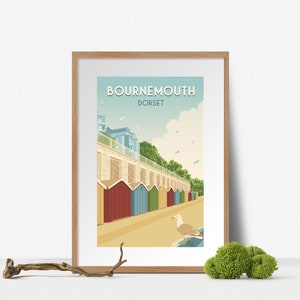 Bournemouth Travel Poster, Beach Hut Seaside Print, Dorset, Poole ...
