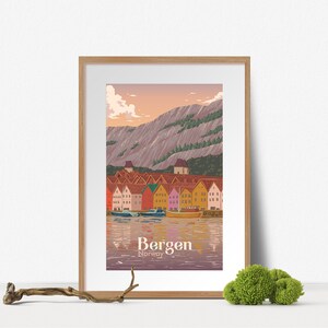 Bergen Norway Poster, Retro Travel Print, Norwegian Fjords, Bryggen ...