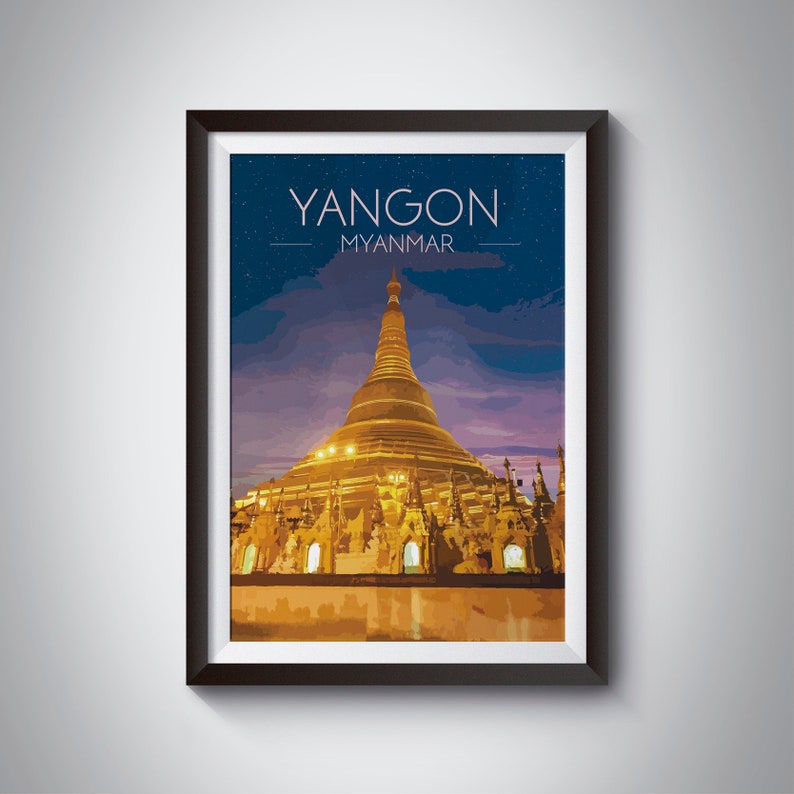 Yangon Travel Poster Shwedagon Pagoda Myanmar Print Burma | Etsy