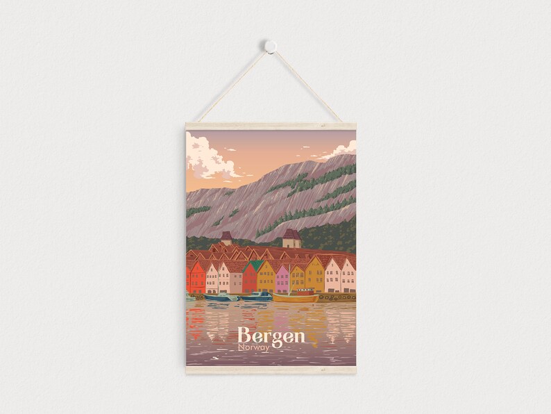 Bergen Norway Poster Retro Travel Print Norwegian Fjords | Etsy UK