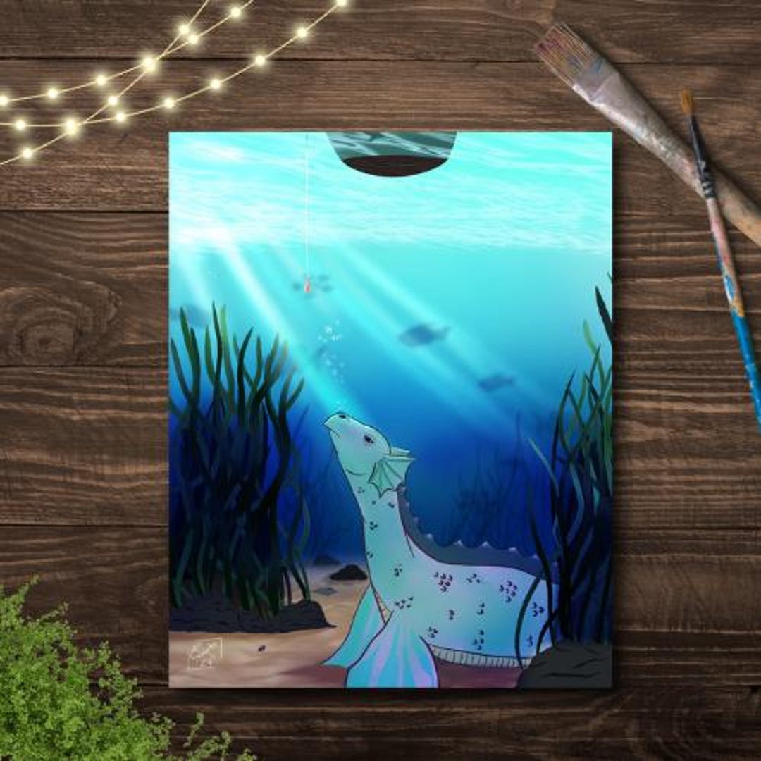 Beneath the Surface Art Print - Sea Monster Lounging With Fishing Line ...
