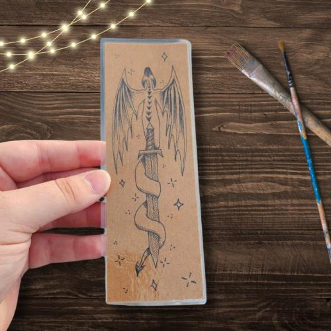 Dragon and Sword Bookmark – Hand Drawn Fantasy Bookmark on Kraft Paper ...