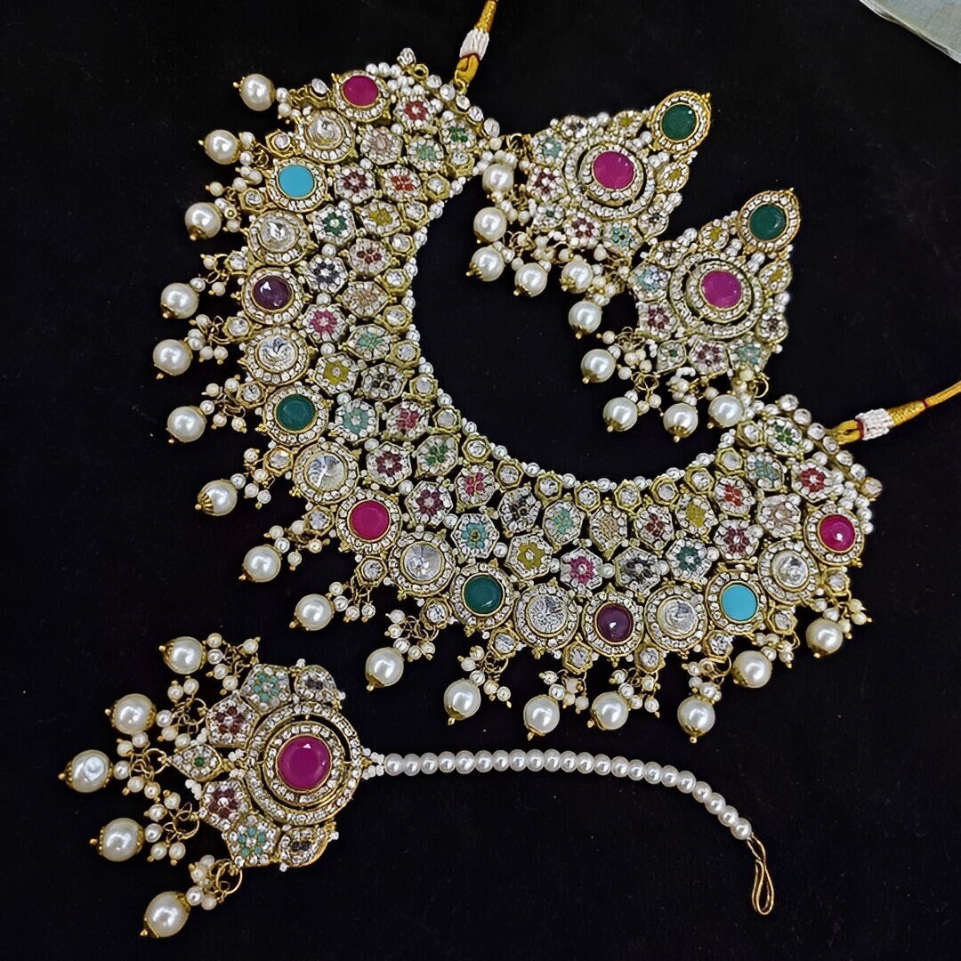 REESHA JEWEL Multi Colour Necklace With Earring & Tika - Etsy