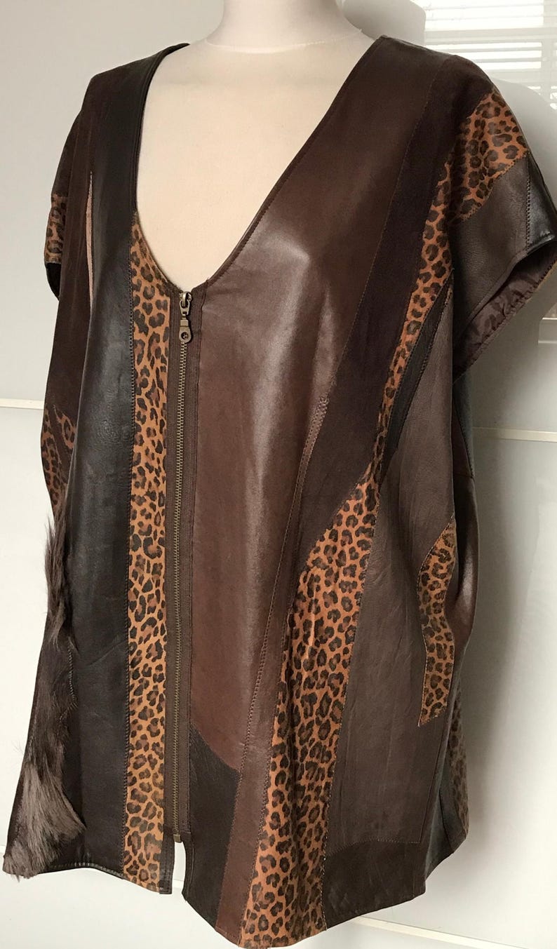 Chaqueta Chaleco De Cuero Patchwork Confeccionada En Varios Tonos Marrones Y Estampado De ...
