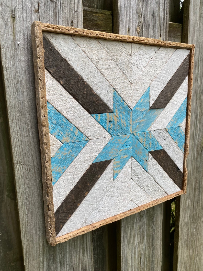 Blue Barn Quilt Star on a Field of White Reclaimed Wood Lath | Etsy