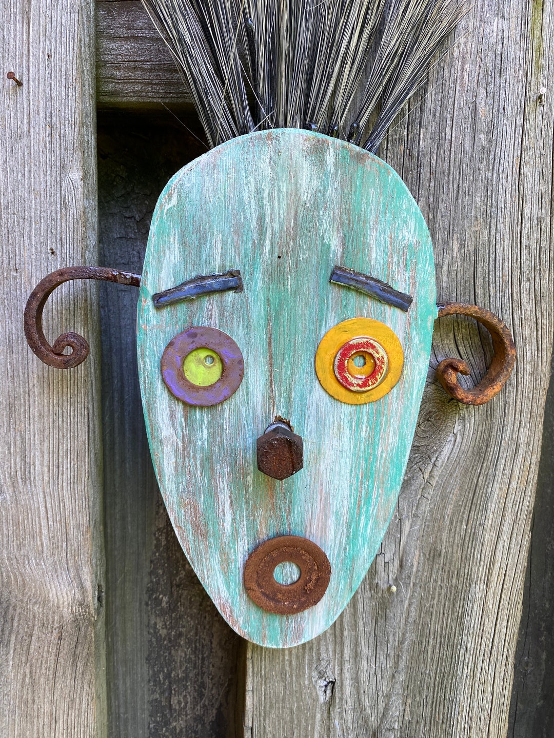 Whimsical Mask Using Recycled Materials, Paint Brush Bristles, Rusted ...
