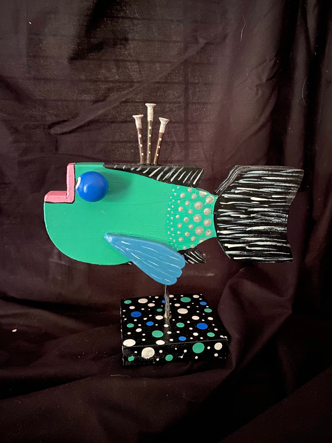 Blue Bugged-eyed Fish With a Back of Nails on a Pedestal - Etsy
