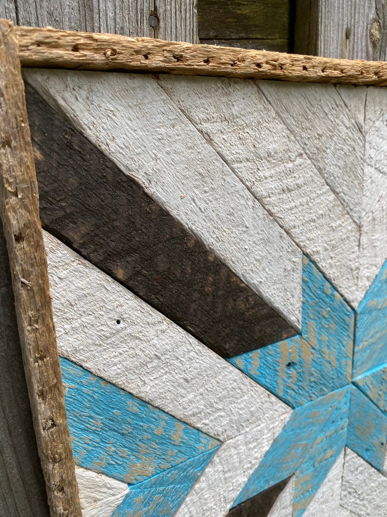 Blue Barn Quilt Star on a Field of White Reclaimed Wood Lath | Etsy