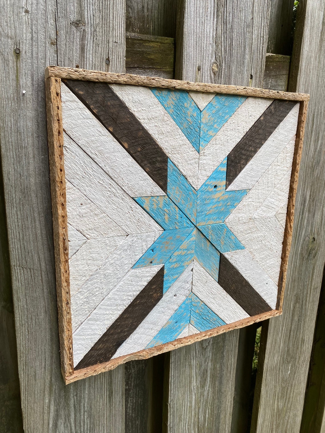 Blue Barn Quilt Star on a Field of White Reclaimed Wood Lath | Etsy