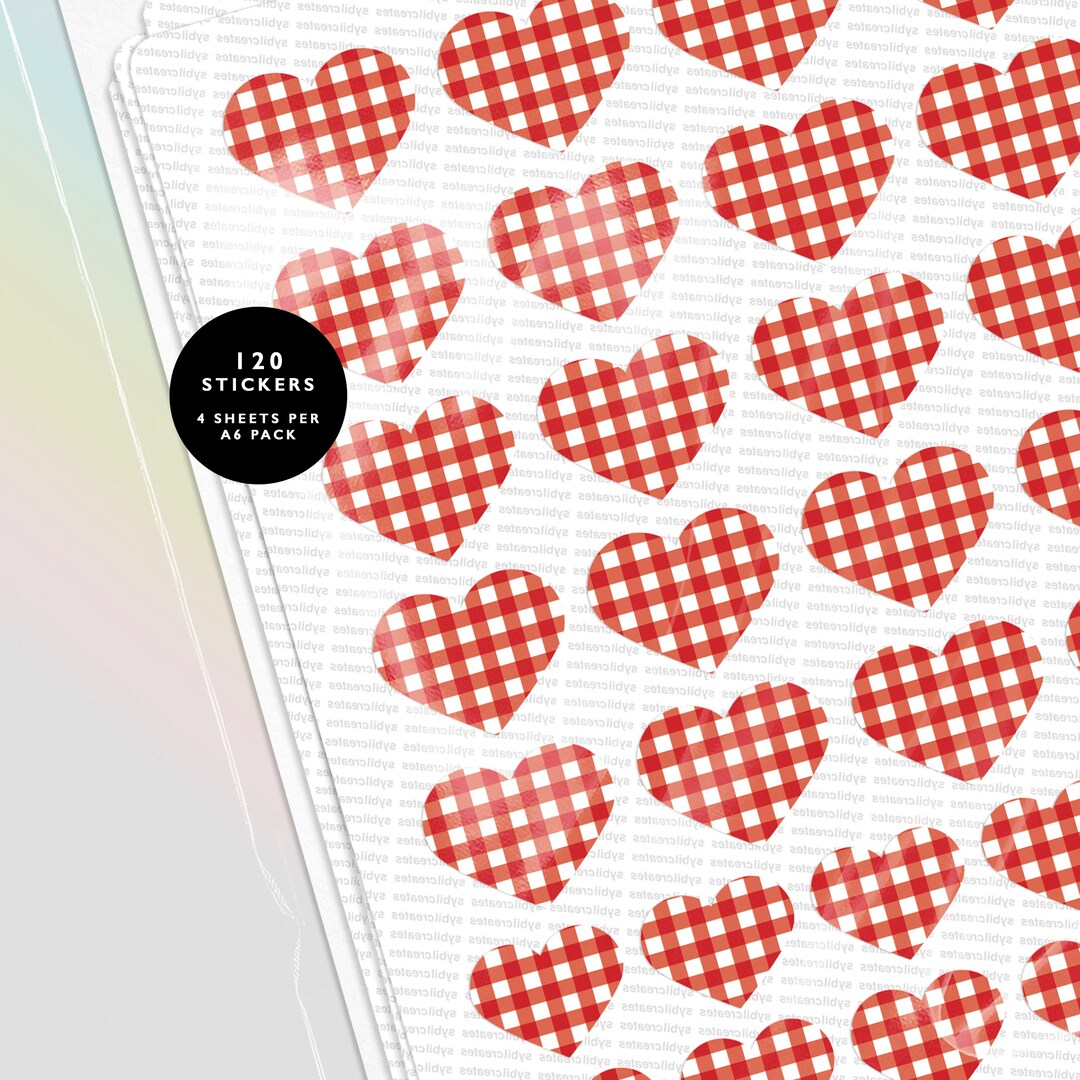 120 Red Gingham Heart Stickers Sticker Sheets Hearts Cute Kawaii Love ...