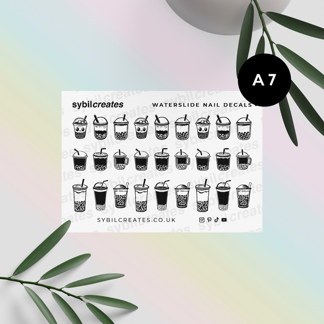 Black Bubble Tea Waterslide Nail Decals Boba Tea Tapioca Pearl Milk Tea ...
