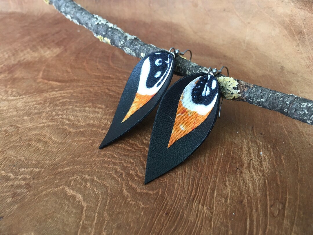 Folia Duo Leaf-shaped Black Leather and Wax Fabric Earrings, With ...