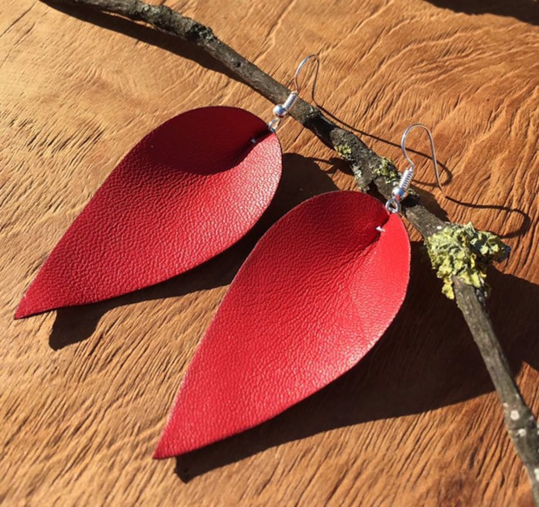 Folia - Red Leather (fine Grain) Leaf-shaped Earrings With Silver ...