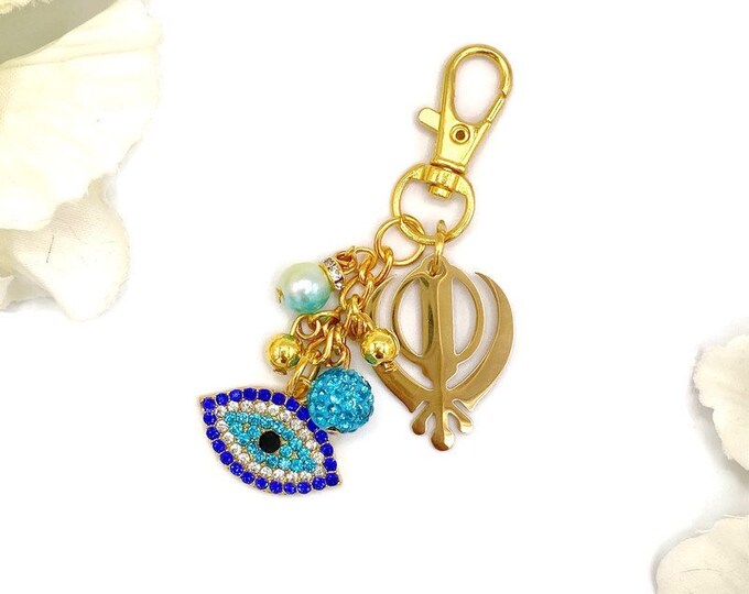 Exclusive Gold Crystal Blue Khanda, Evil Eye Shaped Bag Charm, Sikh ...