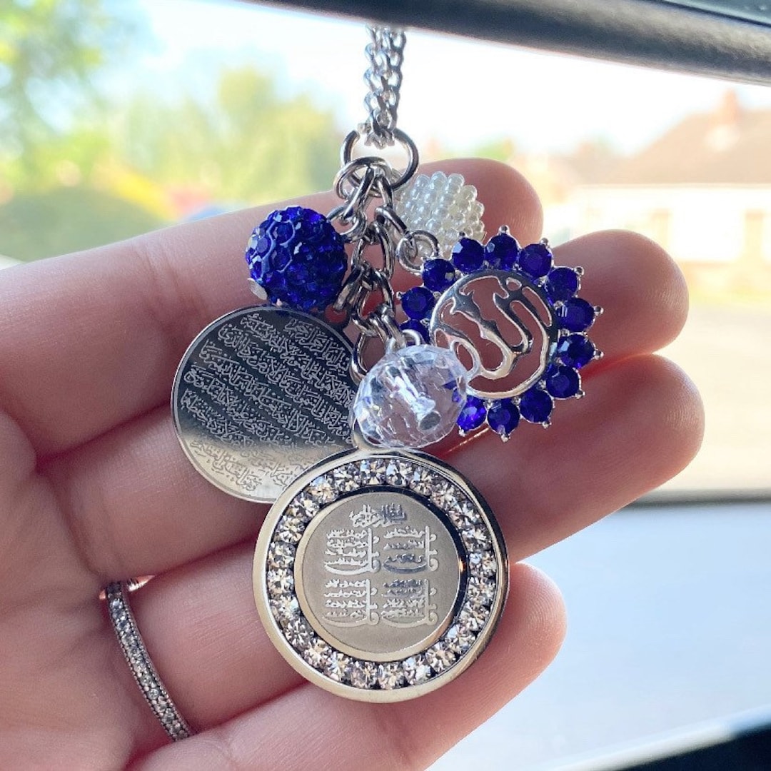 Silver Royal Blue Car Mirror Ayatul Kursi, Allah, 4qul Charm ...