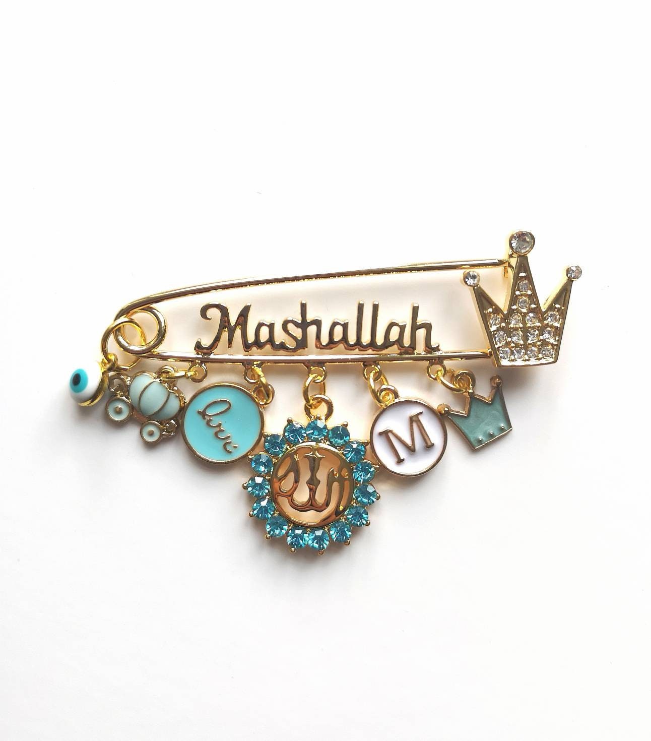 Mashallah Personalised Diamante Initial Allah Baby Pin, Masallah, Masha ...