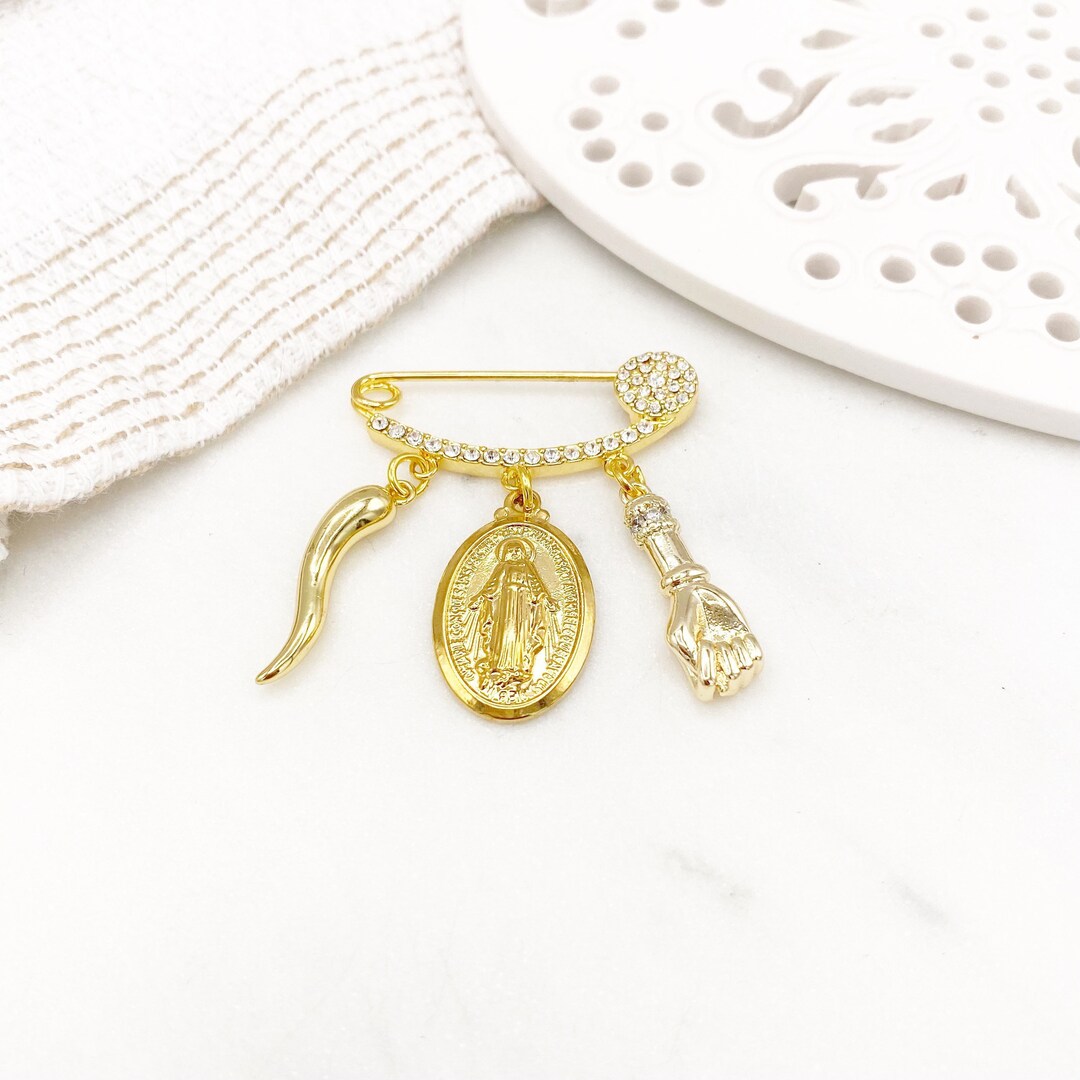 Crystal Mini Pin With Virgin Mary, Italian Horn, Mano Cornuto ...