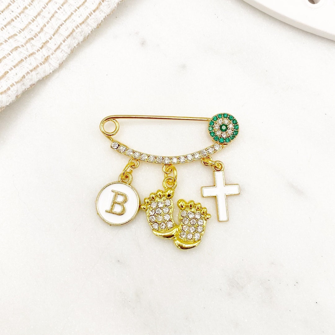 Crystal Mini Cross Initial Footprint Pin, Protection Baby Pin, Gold ...