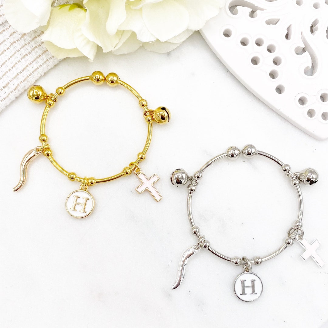 Childrens Baby Silver or Gold Charm Bangle, Italian Horn, Initial ...