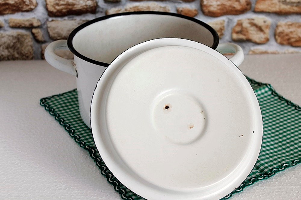 White Enamel Pot Small Vintage Pot With Handles Metal Milk - Etsy