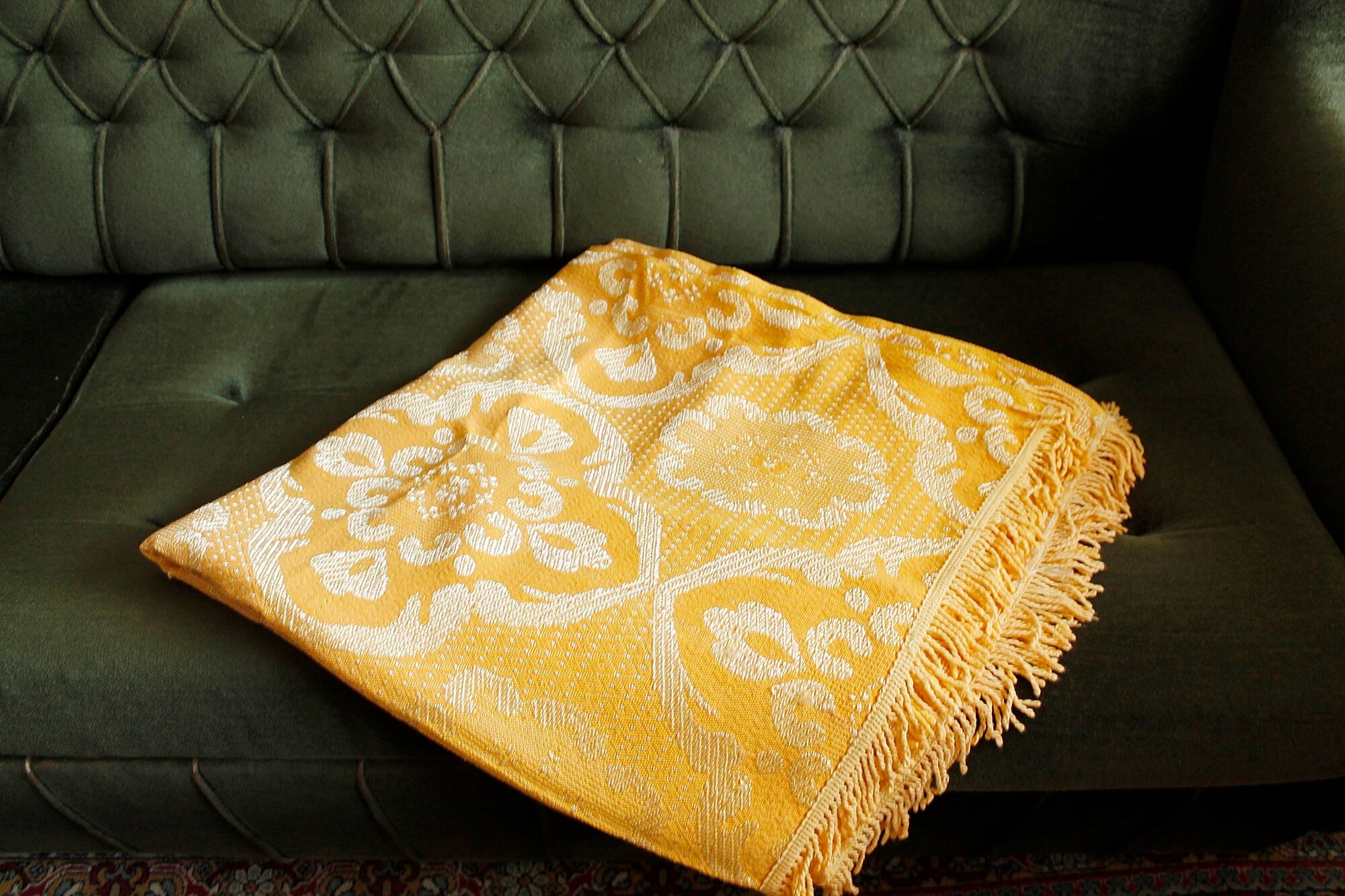 Yellow Weave King Size Bedspred, Vintage Cotton Sofa Throw, Floral ...