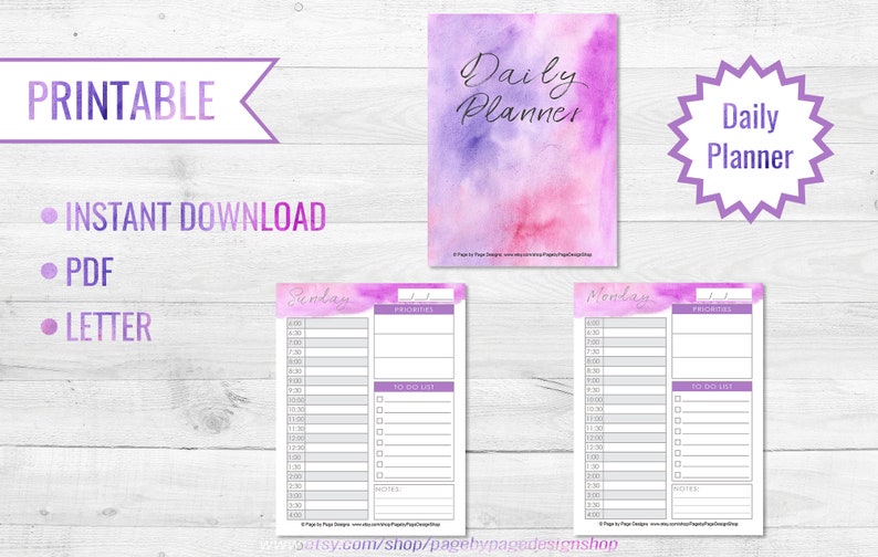 Purple Watercolor Daily Planner Letter Size Printable Fillable-instant ...
