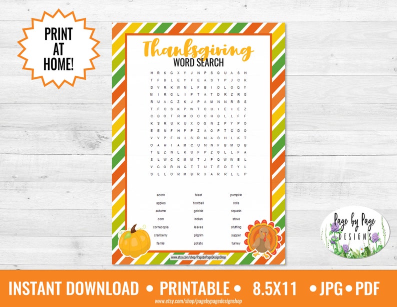 Thanksgiving Wordsearch Game Printable INSTANT DOWNLOAD - Etsy