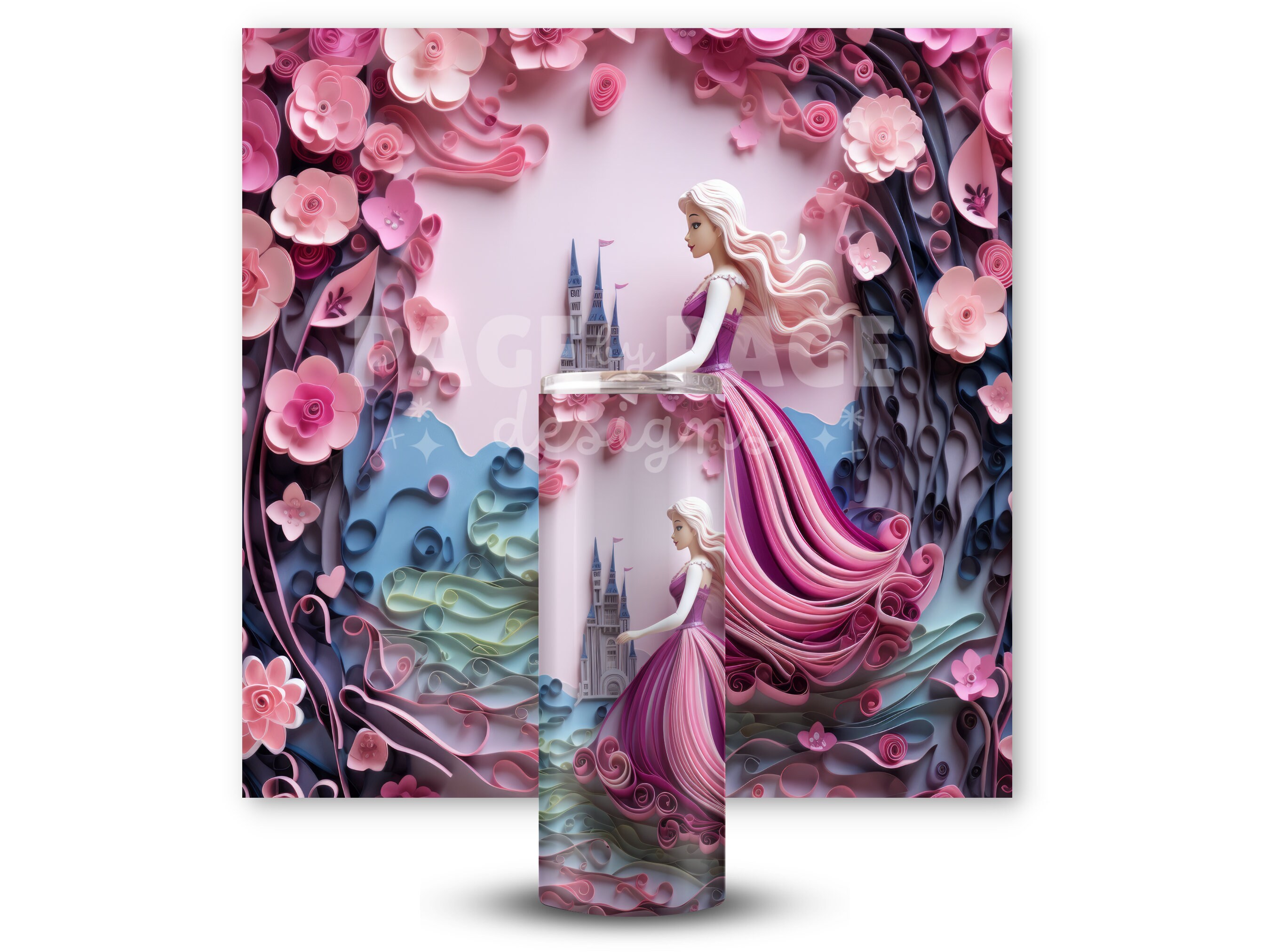 Pink Princess 3D Paper Cut Seamless Tumbler Wrap, 20 Oz Skinny ...