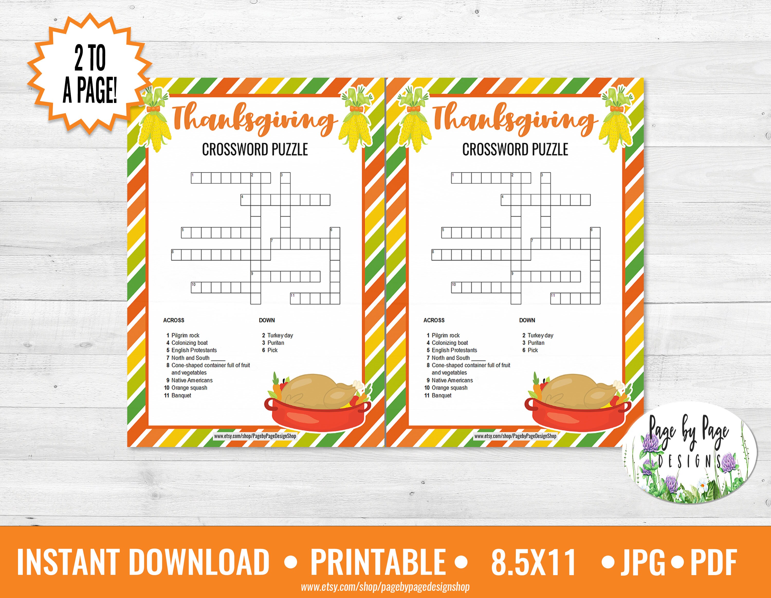 Thanksgiving Crossword Puzzle Game Printable INSTANT DOWNLOAD - Etsy