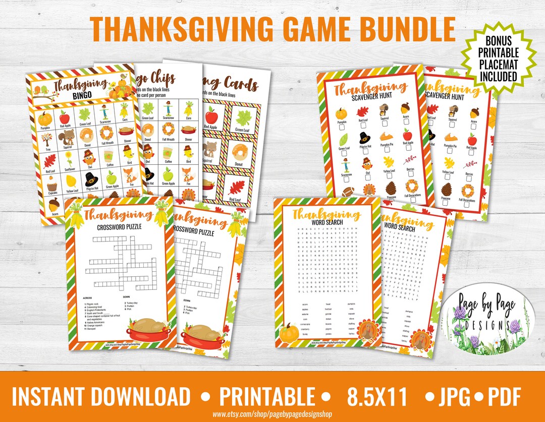 Thanksgiving Game Bundle Printable, Bingo, Scavenger Hunt, Crossword ...