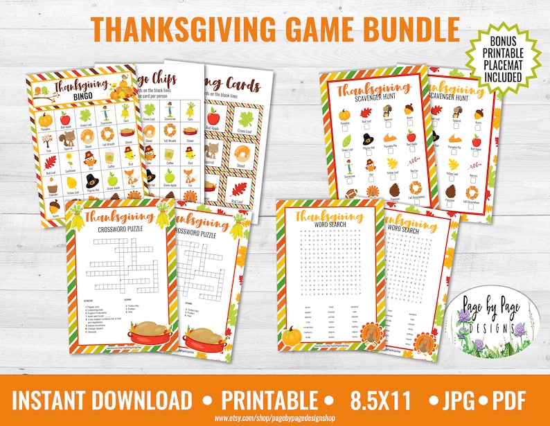 Thanksgiving Game Bundle Printable, Bingo, Scavenger Hunt, Crossword ...