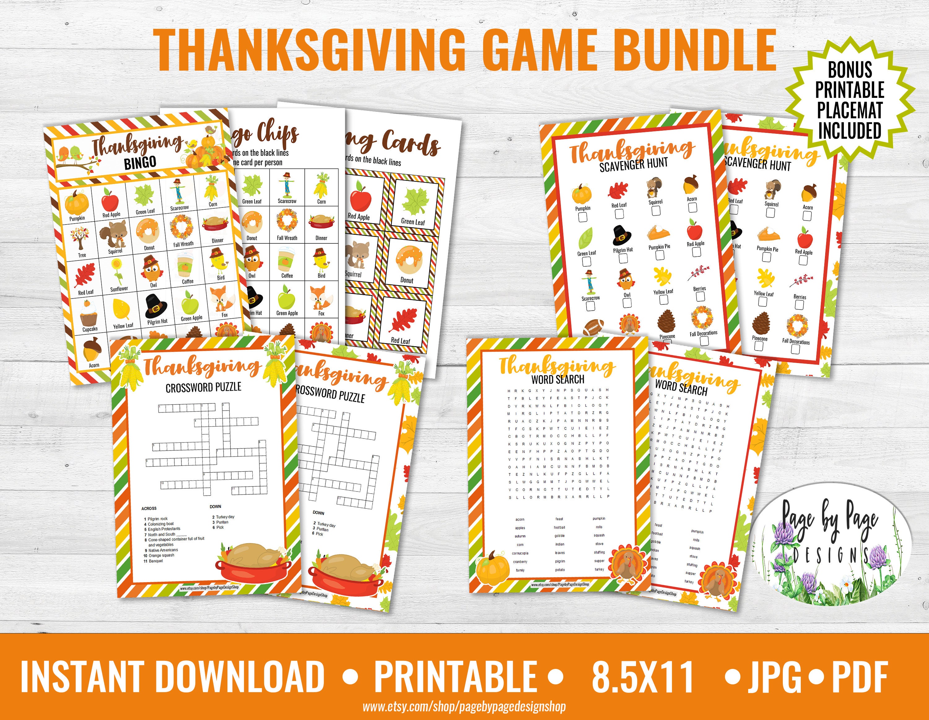 Thanksgiving Game Bundle Printable, Bingo, Scavenger Hunt, Crossword ...