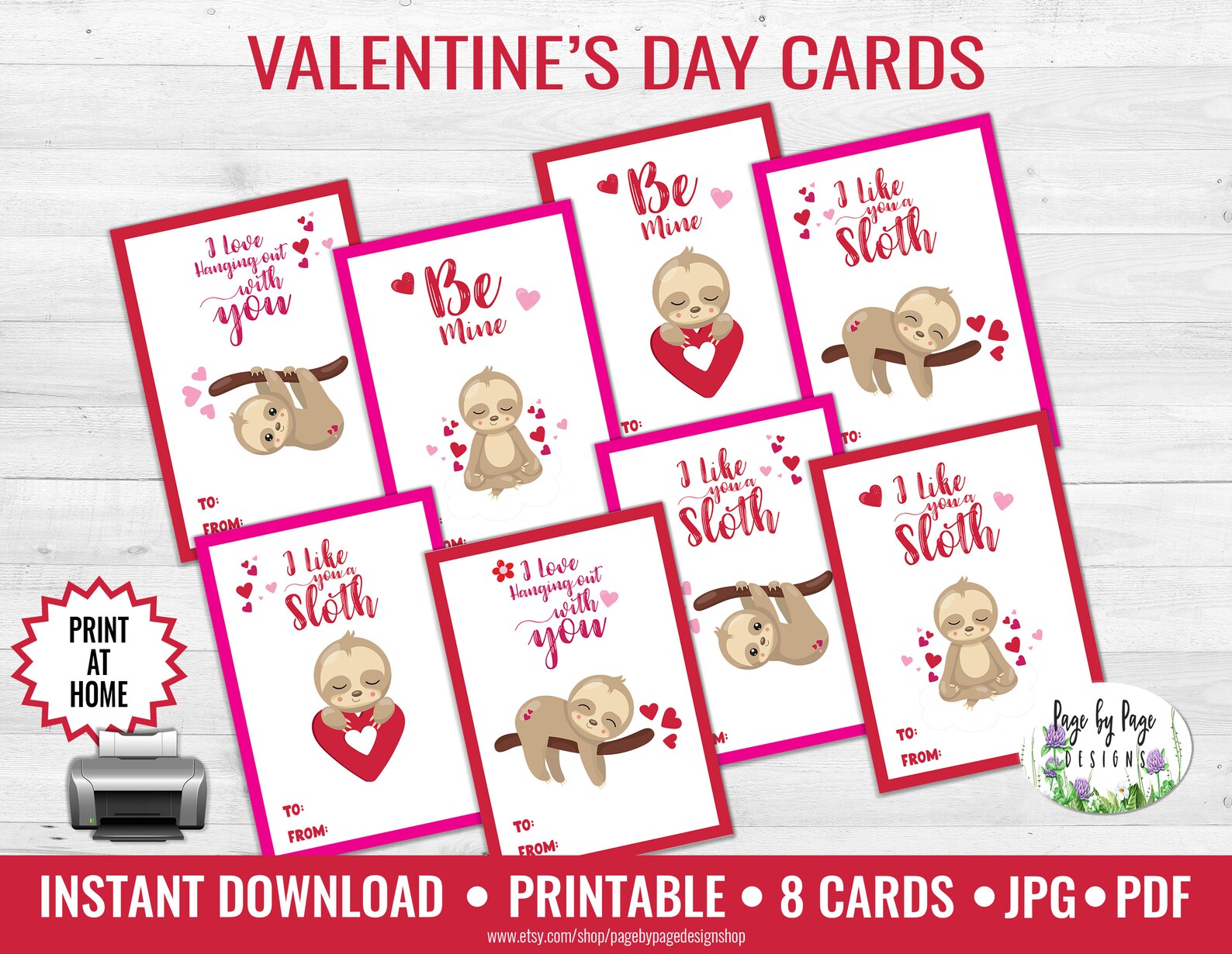Sloth Valentine's Day Cards Kids Printable Cute-instant DOWNLOAD - Etsy