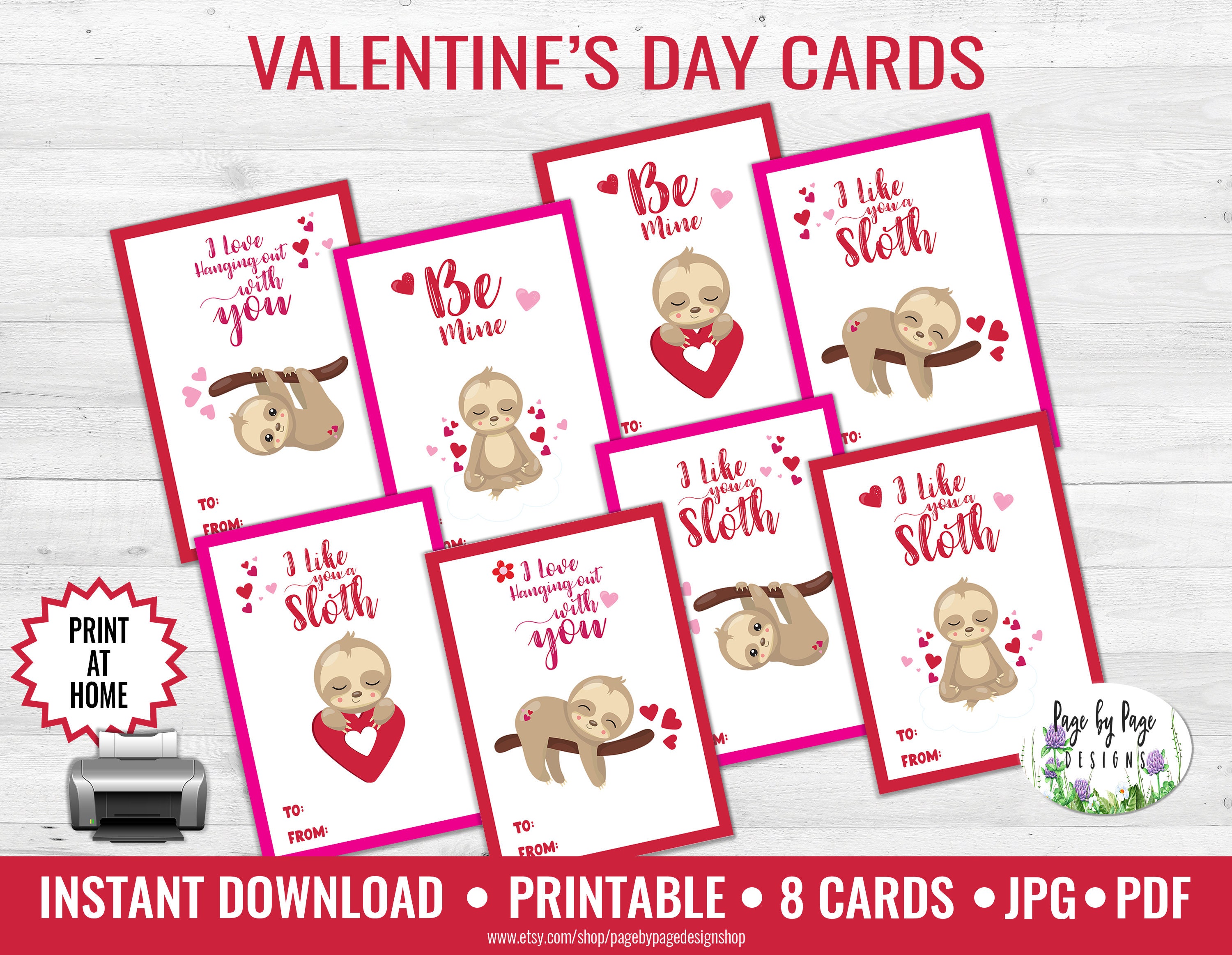 Sloth Valentine's Day Cards Kids Printable Cute-instant DOWNLOAD - Etsy