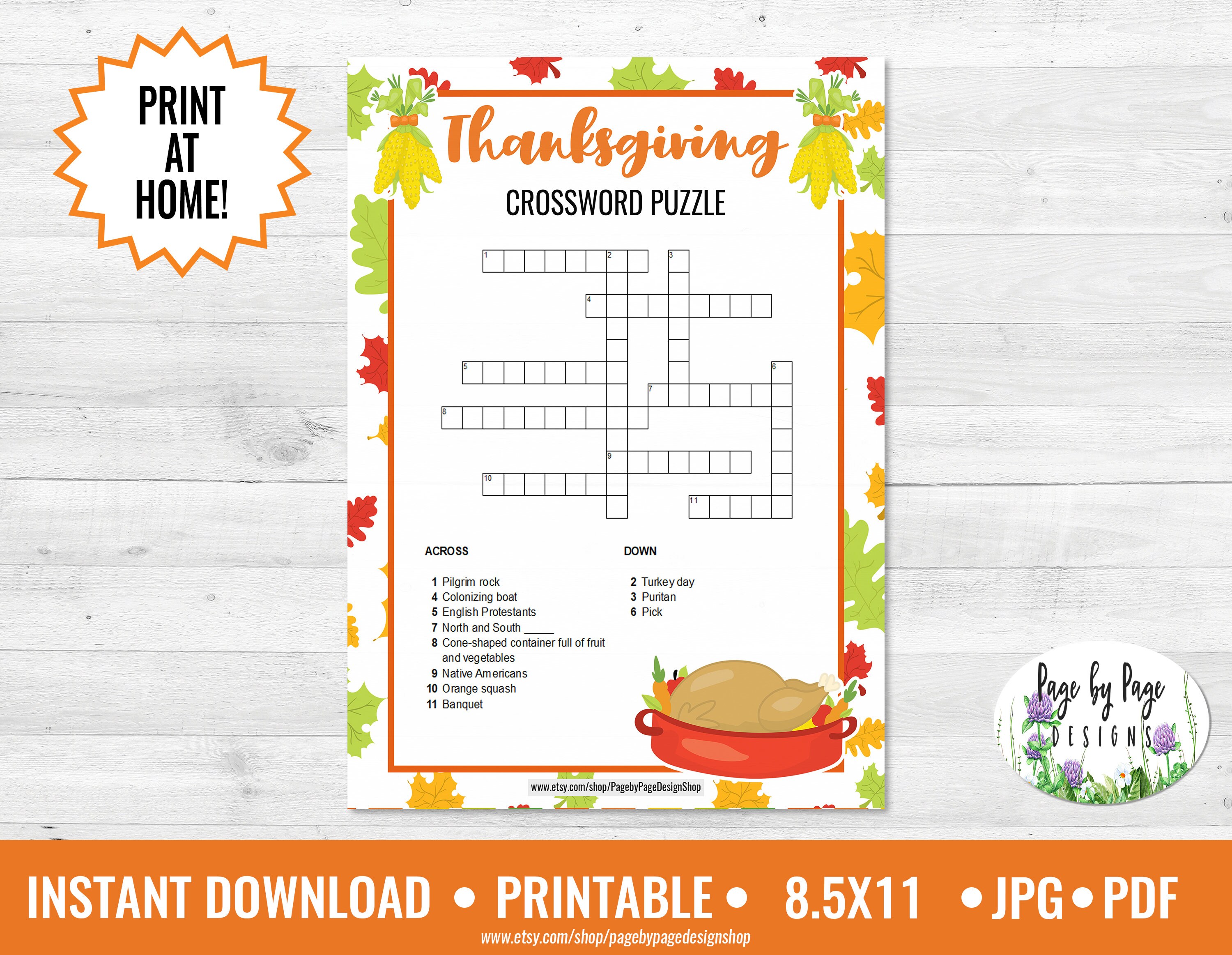 Thanksgiving Crossword Puzzle Game Printable INSTANT DOWNLOAD - Etsy
