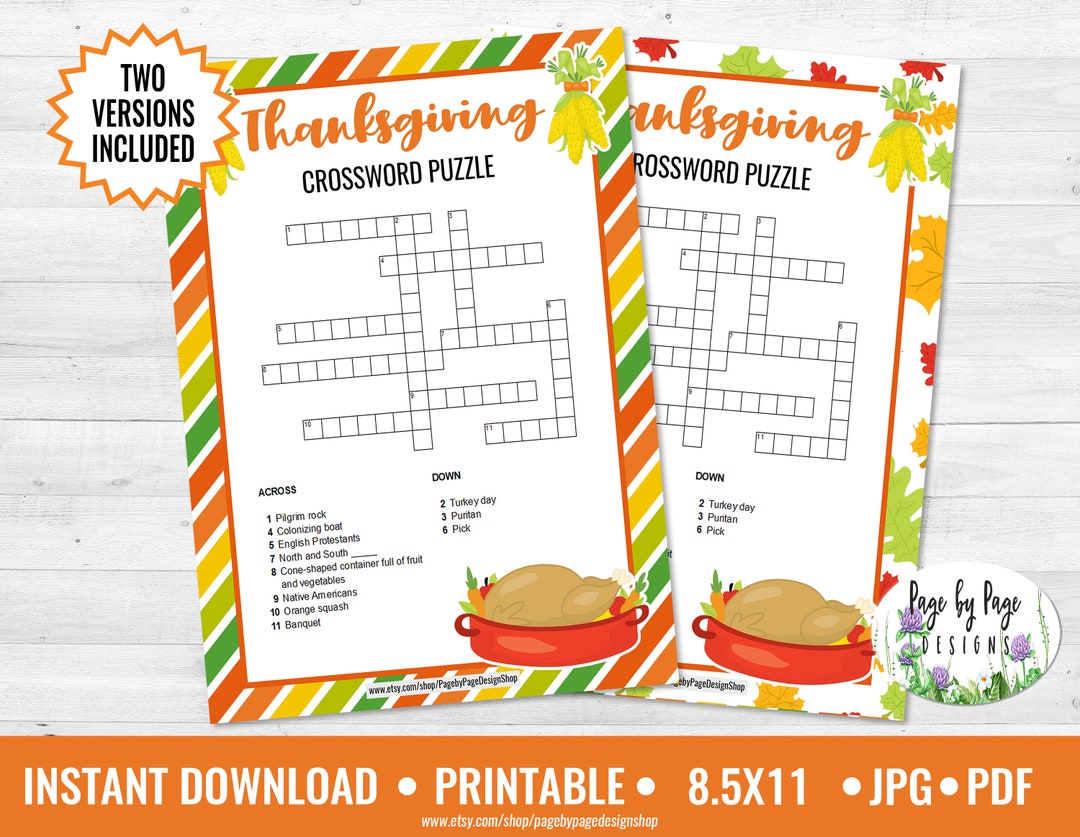 Thanksgiving Crossword Puzzle Game Printable INSTANT DOWNLOAD - Etsy